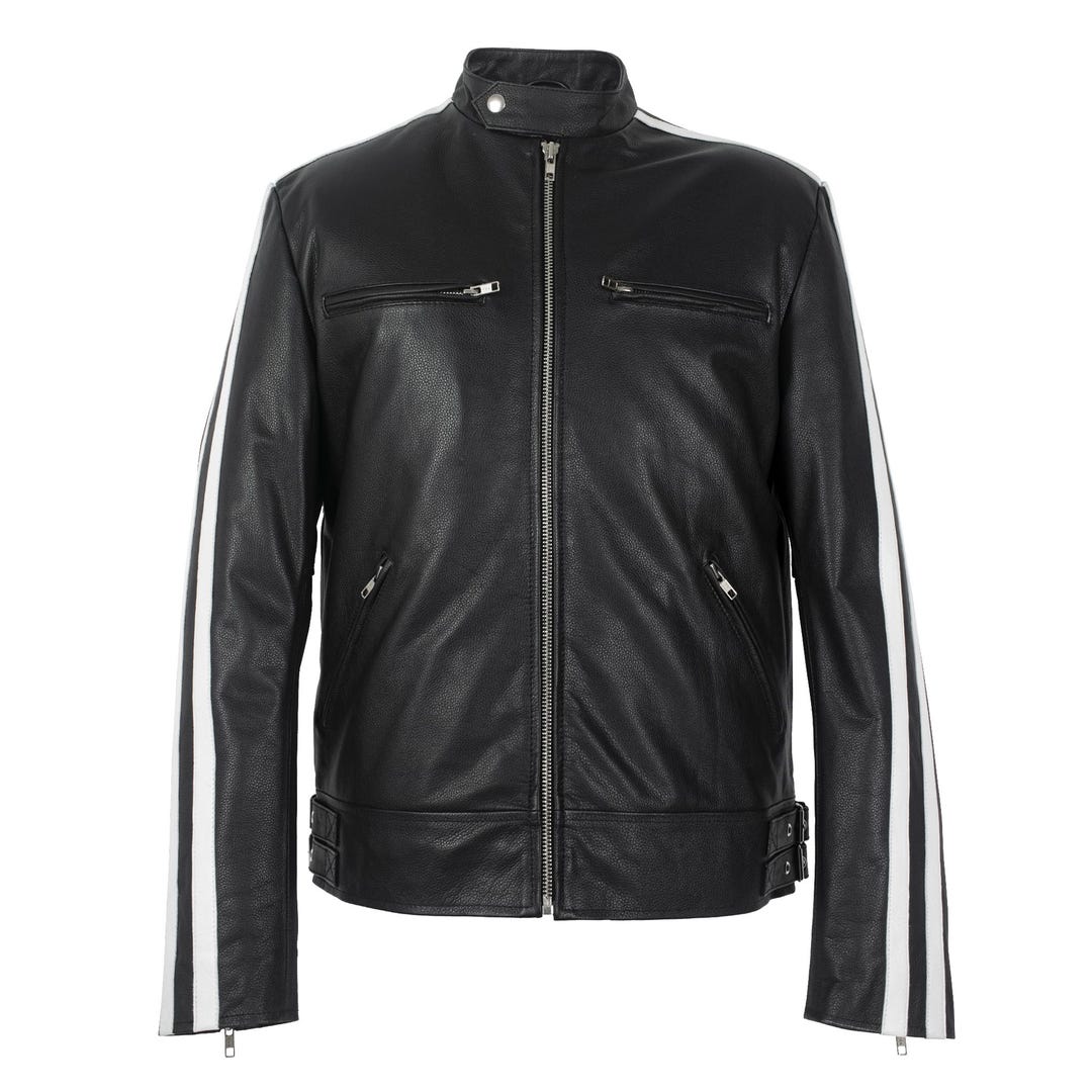 Men Black Leather Biker Jacket – Full Grain Calfskin – White Racing ...