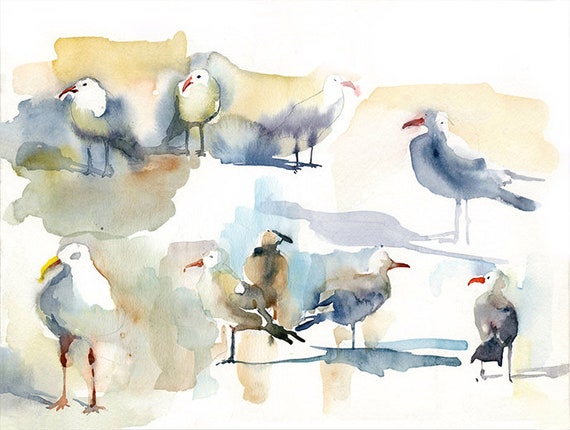Beach Gathering. Seagulls. Watercolor Painting of Seagulls. | Etsy