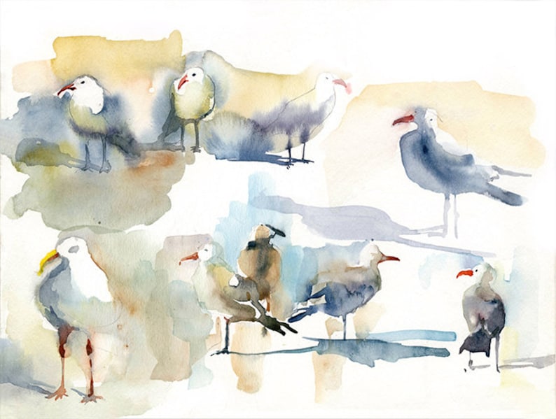Beach Gathering. Seagulls. Watercolor Painting of Seagulls. Giclee ...