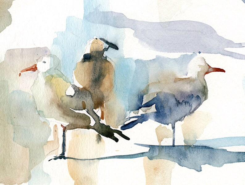 Beach Gathering. Seagulls. Watercolor Painting of Seagulls. Giclee ...