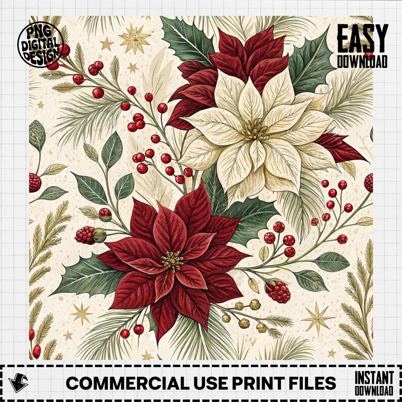 Christmas Poinsettia Seamless Pattern: Holiday Floral Digital Paper ...