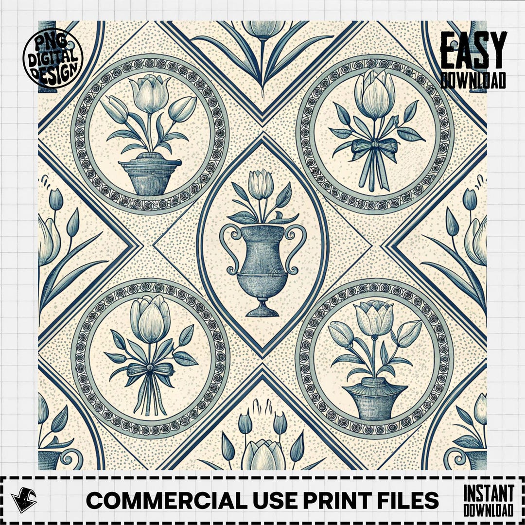Delftware Tulip Pattern: Vintage Floral Digital Paper (PNG) - Etsy
