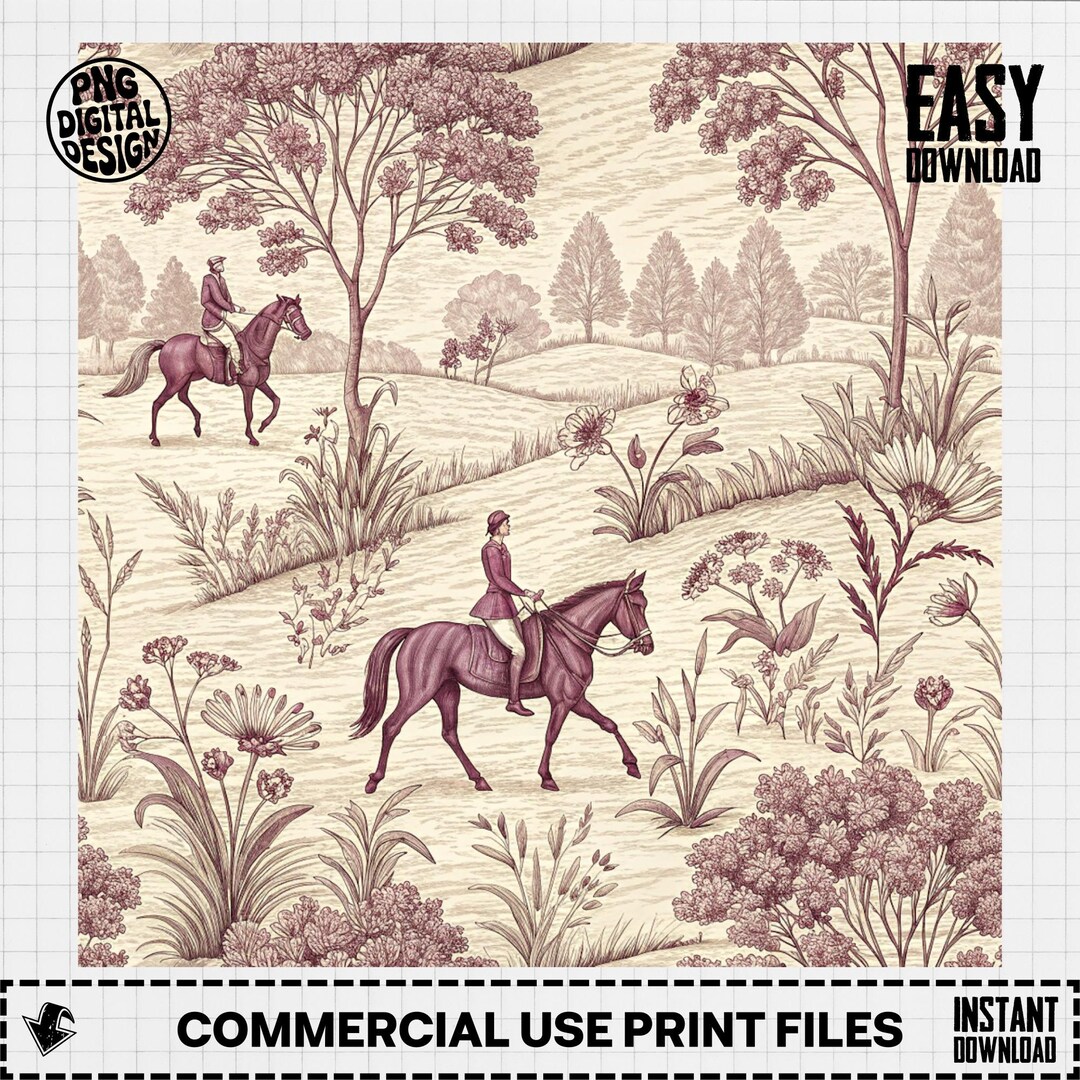 Equestrian Toile Seamless Pattern: Vintage Horse Rider Design (digital ...