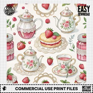 Strawberry Tea Party Seamless Pattern, Teapot Digital Paper, Pink ...