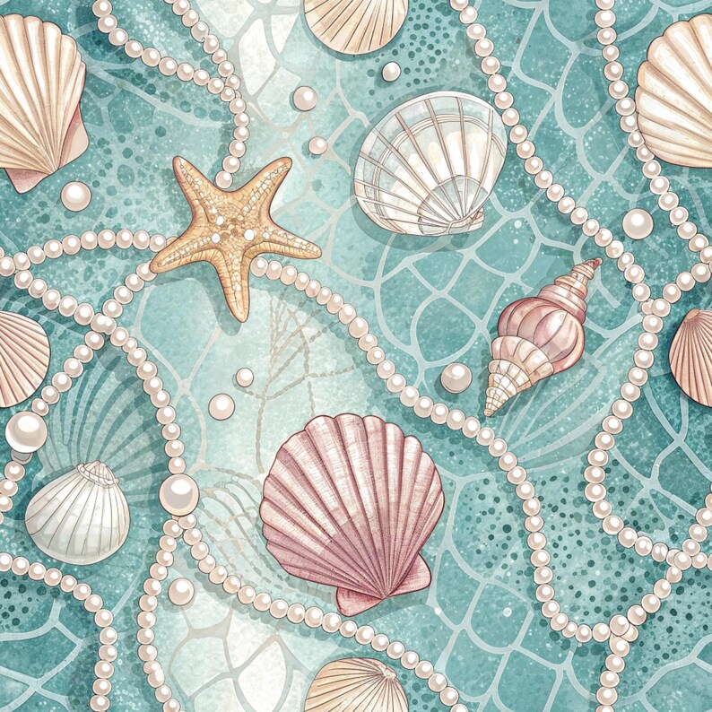 Seashell Pearl Seamless Pattern: Sea Life Digital Paper (PNG, 300 DPI ...
