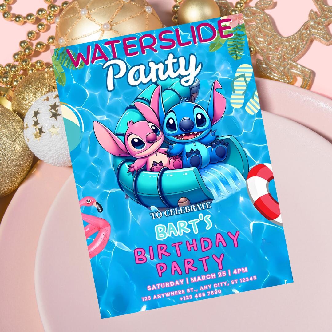 Stitch & Lilo Birthday Invitation: Waterslide Pool Party (digital PDF ...