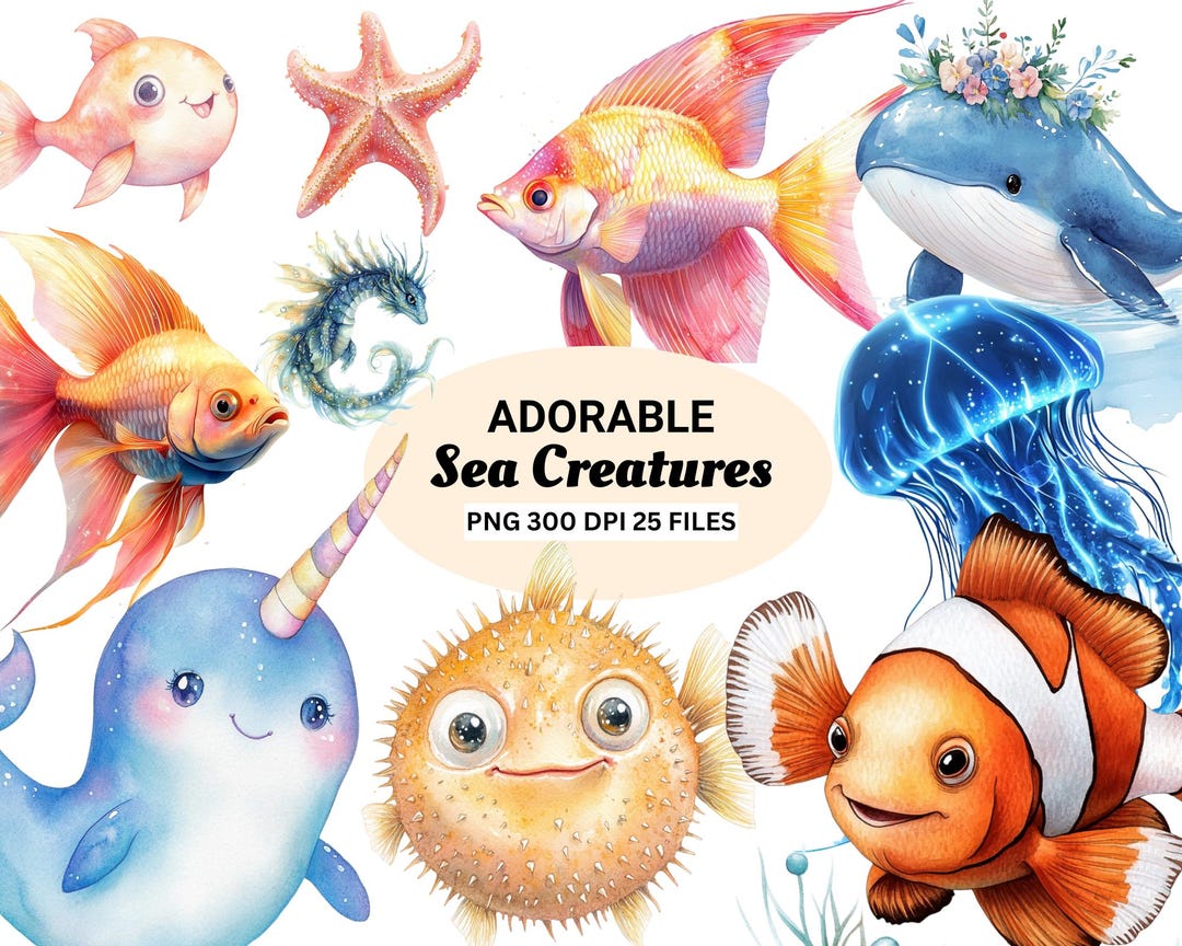 25 Cute Sea Animals Clipart, Underwater Animals, Animal Nursery, Cute ...
