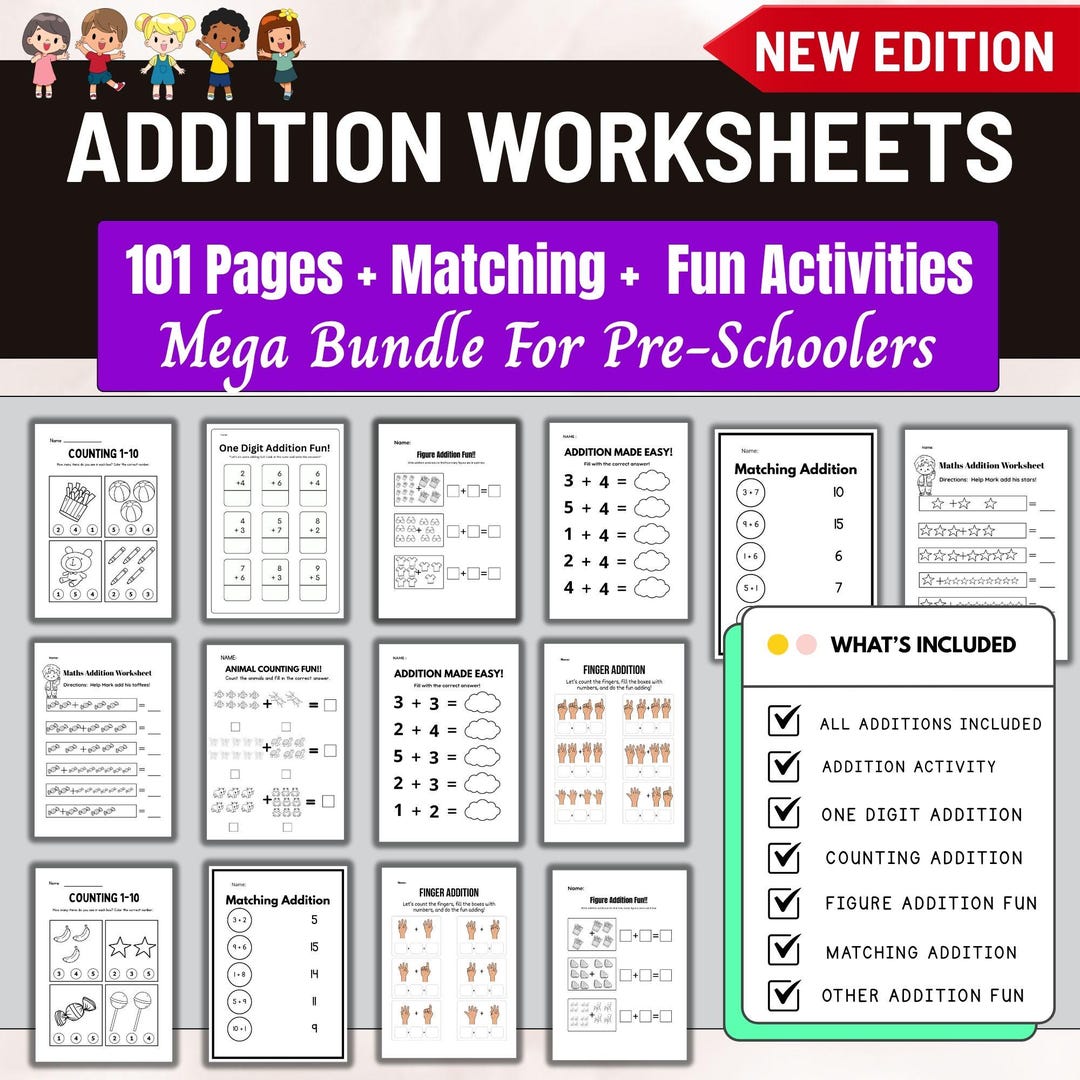 100++ Addition Worksheets,preschool Math,pre-k Beginning Math,counting ...