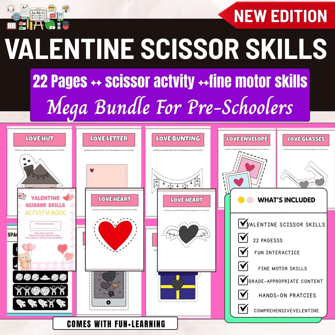 Valentine Scissor Skills Worksheets,cutting Practice for Kids,preschool ...