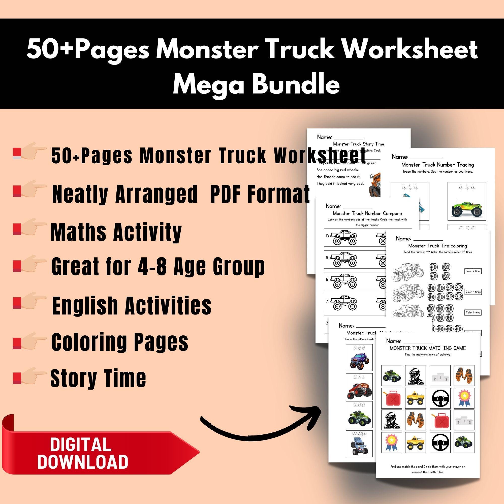 Monster Truck Activty Book,alphabet Number Tracing Page,monster Truck ...