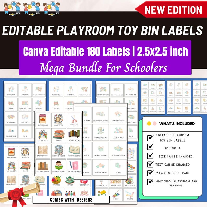 180 Canva Editable Toy Bin Labels, Playroom Organization - Etsy