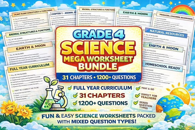Grade 4 Science Worksheets Bundle,full Year Curriculum,31 Chapters ...