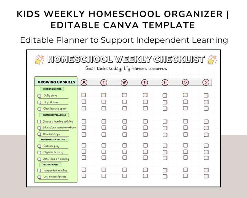 Editable Homeschool Weekly Checklist Printable,kid Homeschool Planner ...