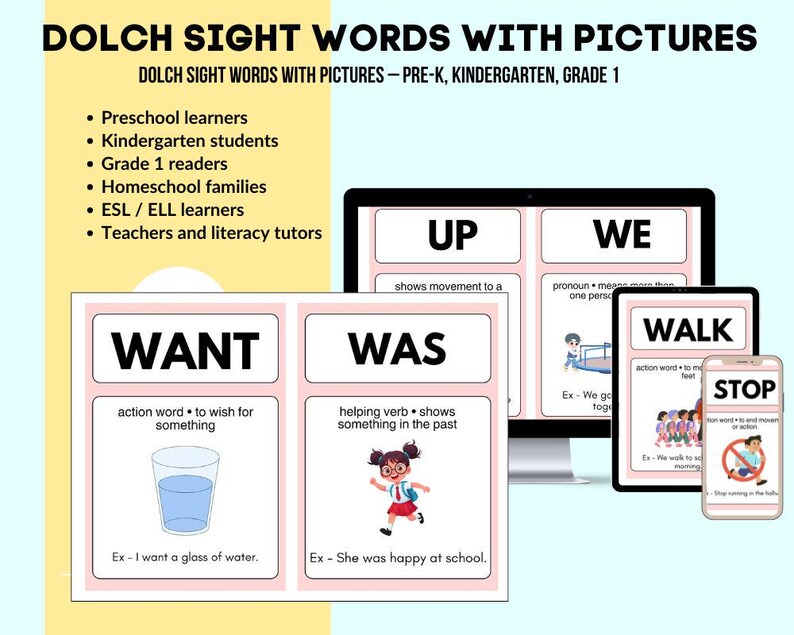 Dolch Sight Words With Pictures Pre-k, Kindergarten Grade 1 Printable ...