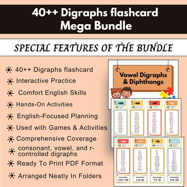 40+ Digraphs Flashcards Phonics Printable Cards for Kids Reading ...