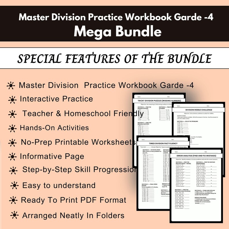 Division Worksheets Grade 4.long Division Practice,print Math Workbook ...