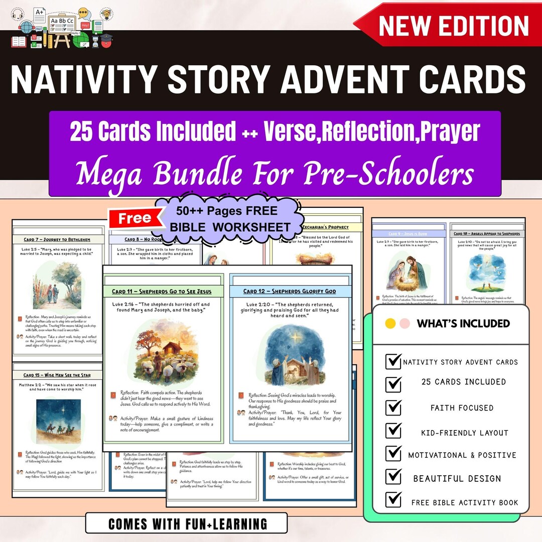 25 Nativity Story Advent Cards,christmas Countdown Cards,printable ...