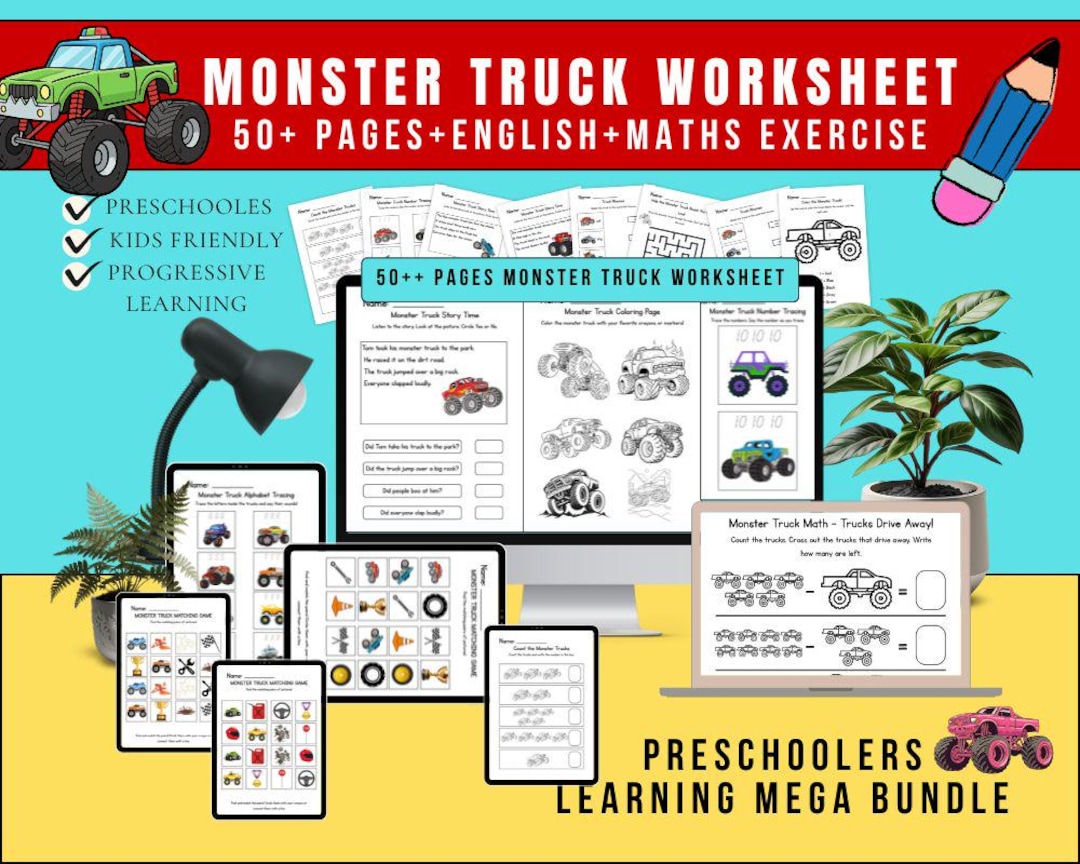 Monster Truck Activty Book,alphabet Number Tracing Page,monster Truck ...