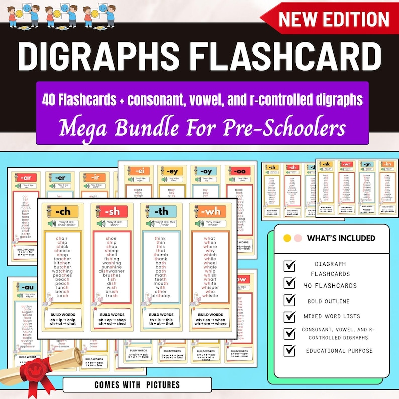 40+ Digraphs Flashcards Phonics Printable Cards for Kids Reading ...