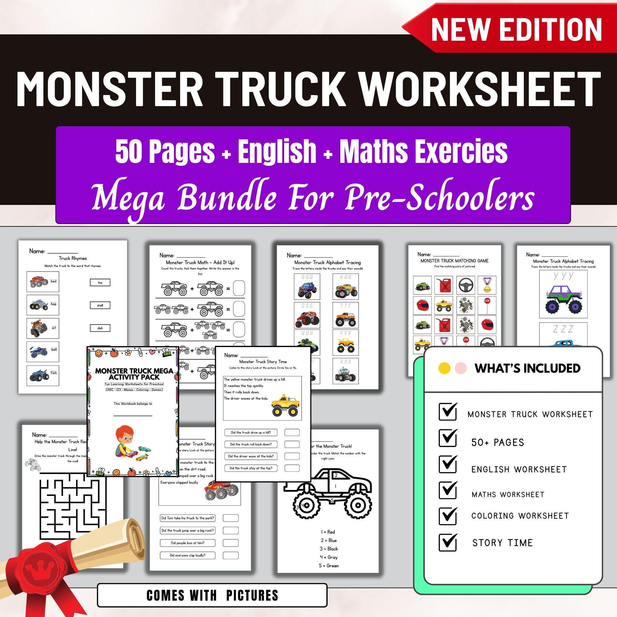 Monster Truck Activty Book,alphabet Number Tracing Page,monster Truck ...