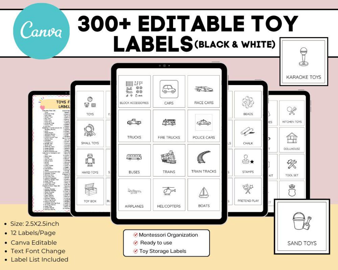 300 Editable Playroom Toy Bin Labels Canva Template,b&wkid Storage ...