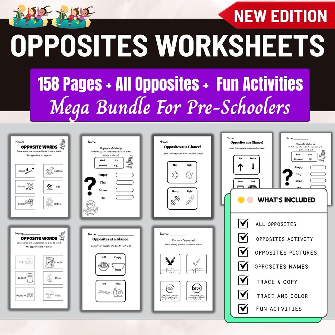158+opposite Words Worksheets, Preschool & Kindergarten Printable ...
