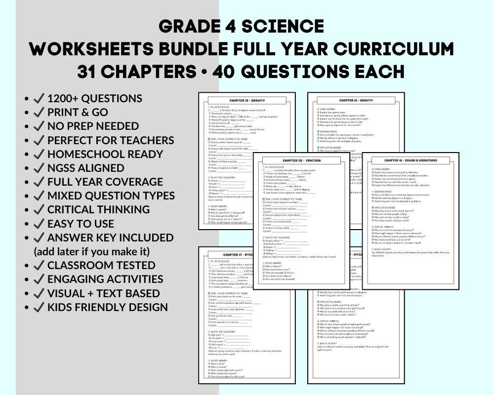 Grade 4 Science Worksheets Bundle,full Year Curriculum,31 Chapters ...