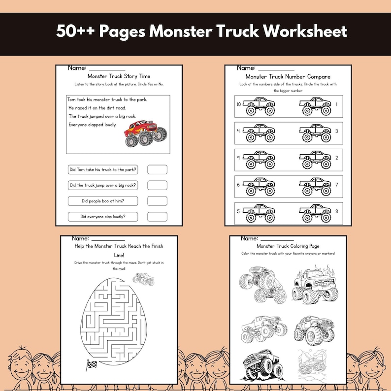 Monster Truck Activty Book,alphabet Number Tracing Page,monster Truck ...