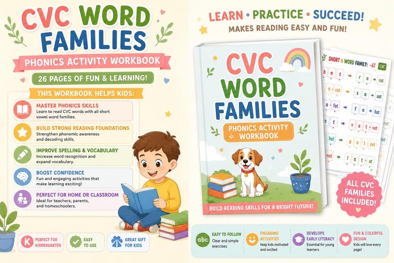 Phonics Activity Workbook,cvc Word Families Worksheets,sight Word ...