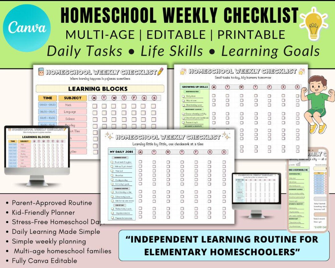Editable Homeschool Weekly Checklist Printable,kid Homeschool Planner ...