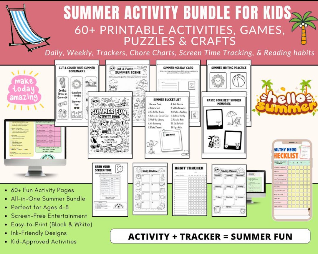 60 Page Printable Summer Activity Bundle & Tracker for Kis,summer Camp ...