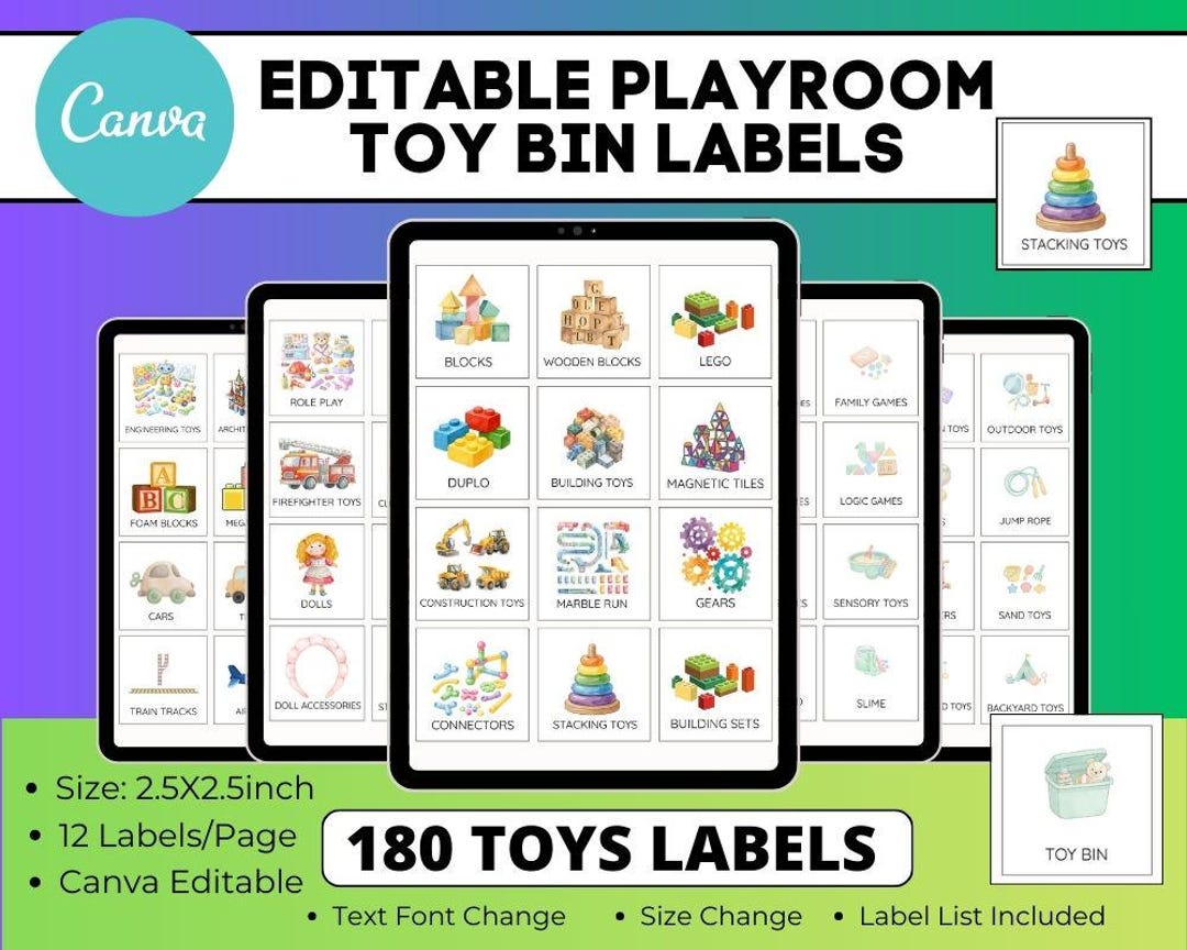 180 Canva Editable Toy Bin Label,playroom Organization Labels,kid ...