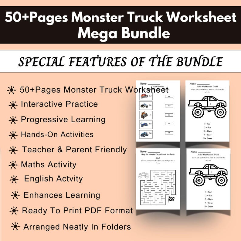 Monster Truck Activty Book,alphabet Number Tracing Page,monster Truck ...