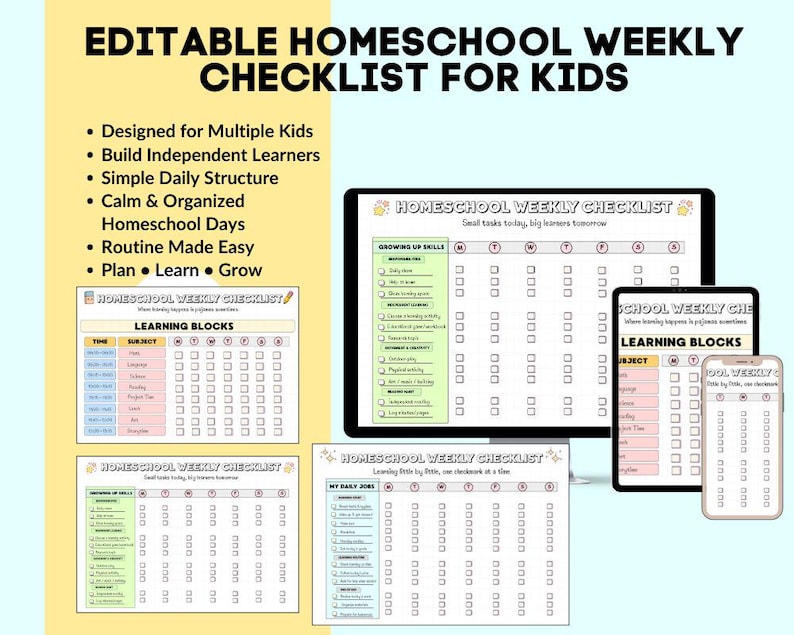 Editable Homeschool Weekly Checklist Printable,kid Homeschool Planner ...
