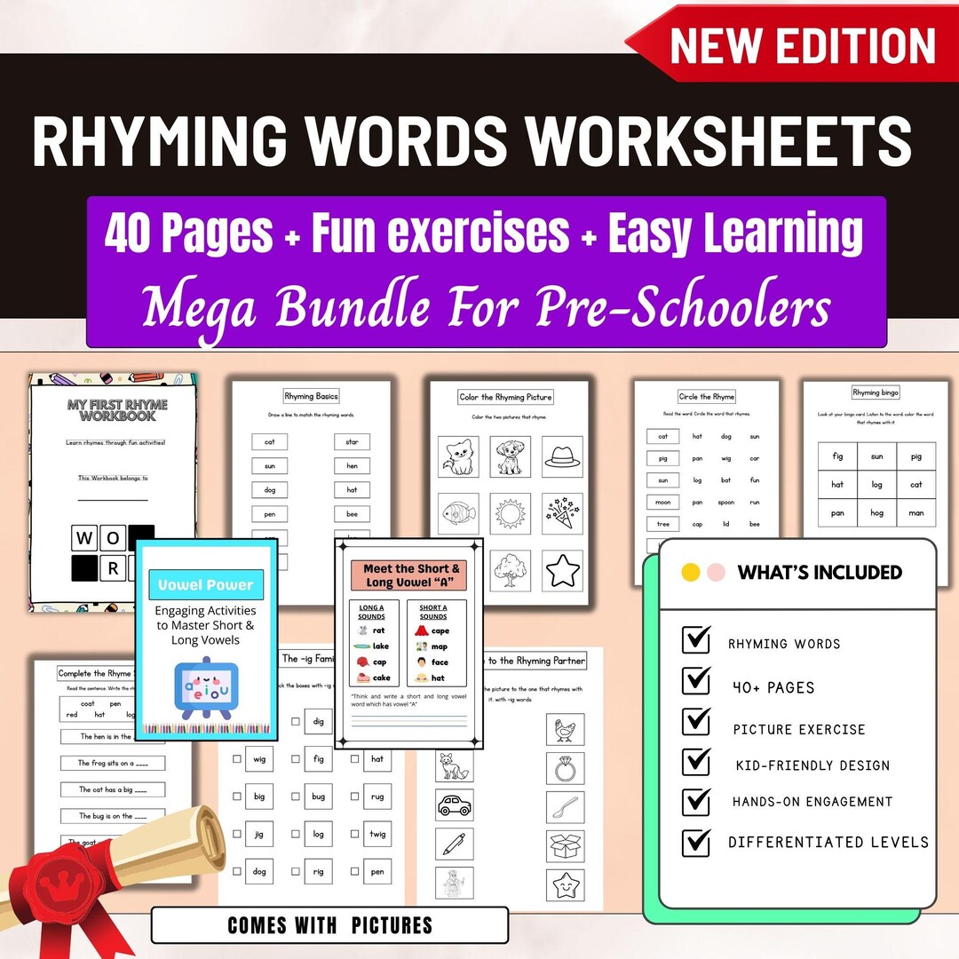 40 Pages Rhyming Word Worksheet,printable for Kids,preschool ...