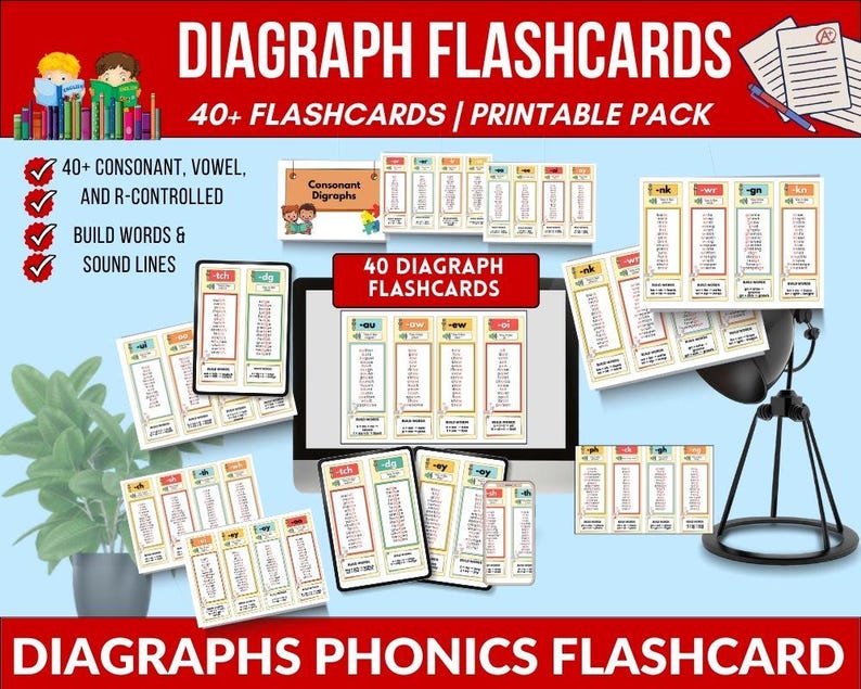 40+ Digraphs Flashcards Phonics Printable Cards for Kids Reading ...