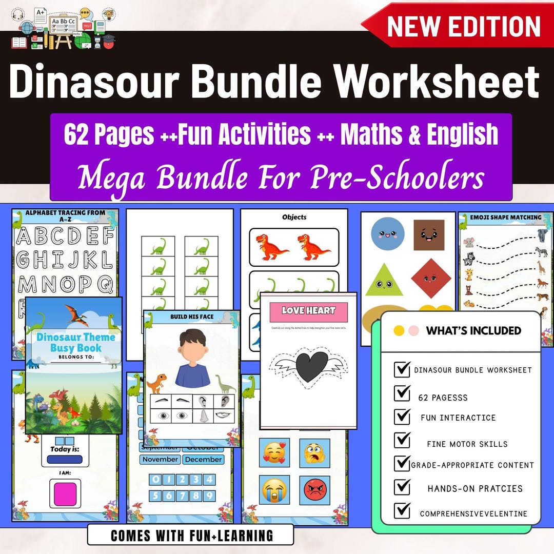 62 Pages Dinosaur Worksheet Bundle,preschool Kindergarten Activities ...