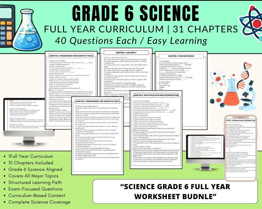 Grade 6 Science Worksheets Bundle | Full Year Curriculum | 31 Chapters ...