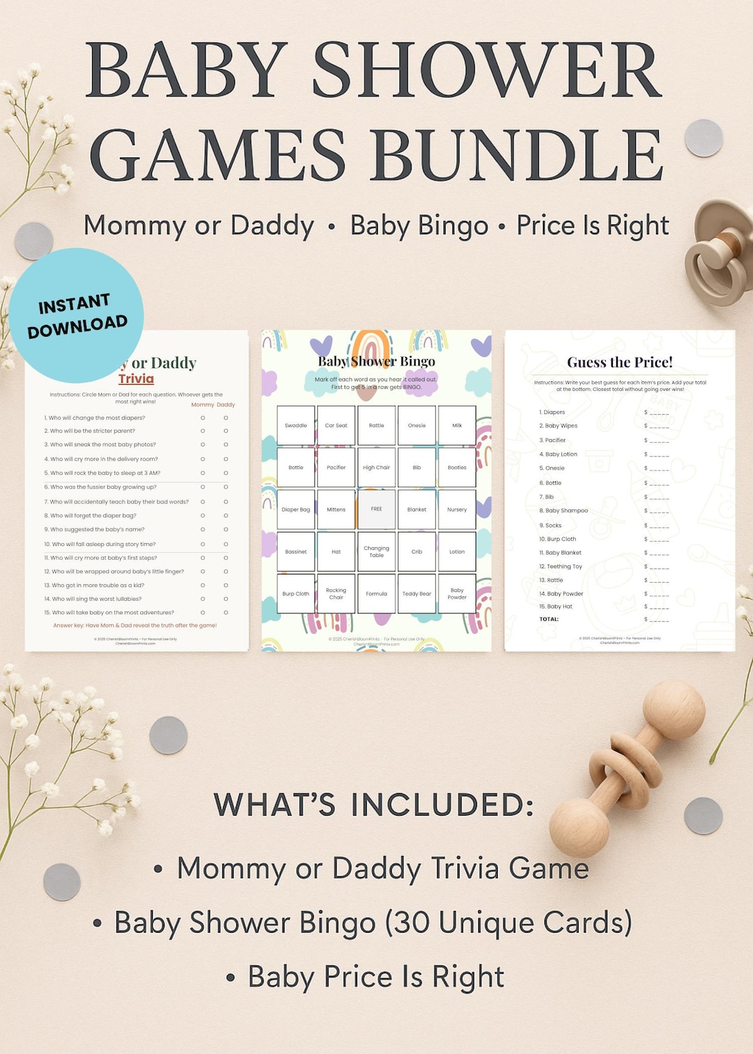 Baby Shower Games Bundle — Mommy or Daddy, Baby Bingo (30 Cards), Price ...