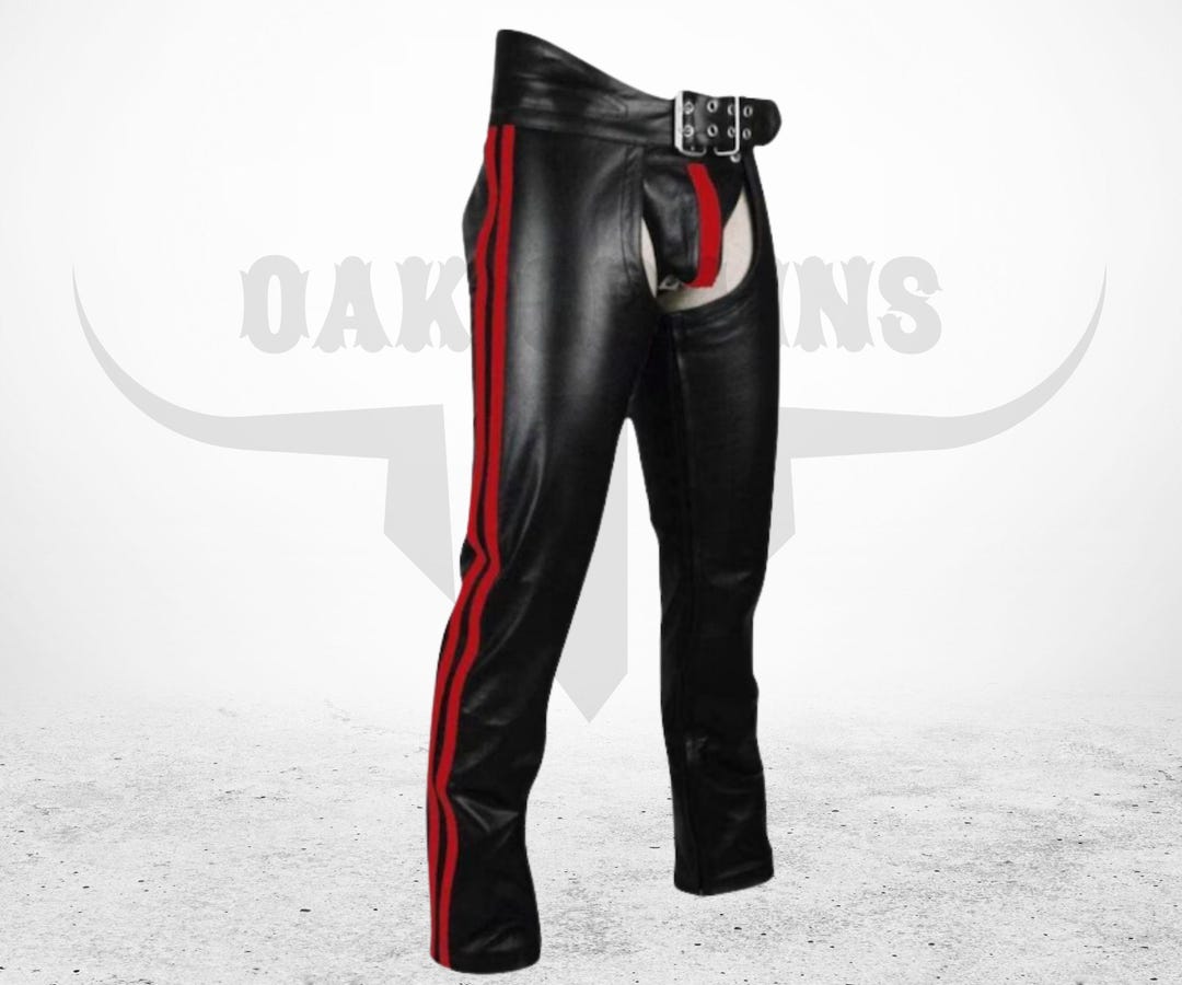 Men's Black Leather Biker Chaps: Red Racing Stripe Motorcycle Riding ...