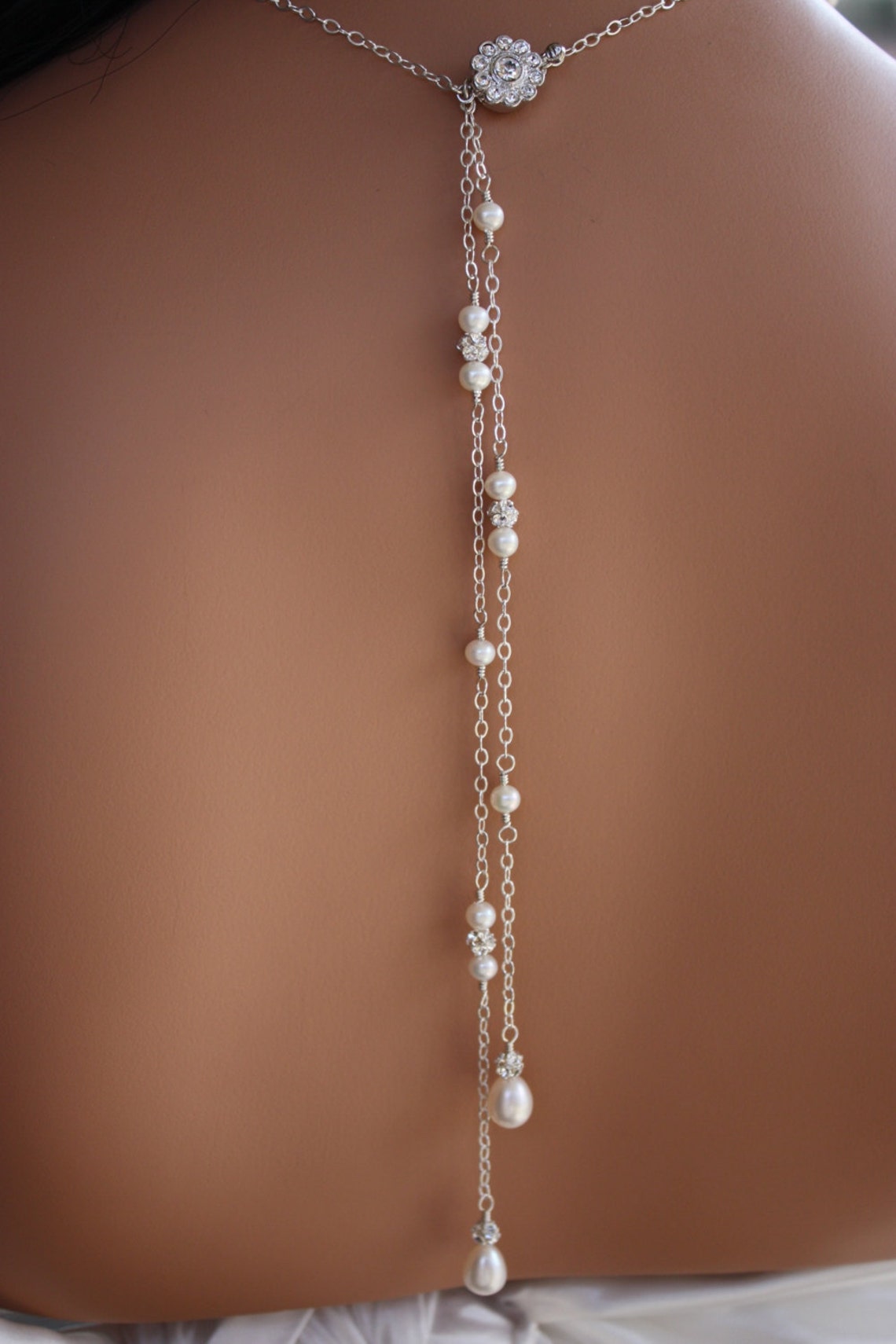 BACKDROP NECKLACE Double Stranded Chain Design with Pearl | Etsy