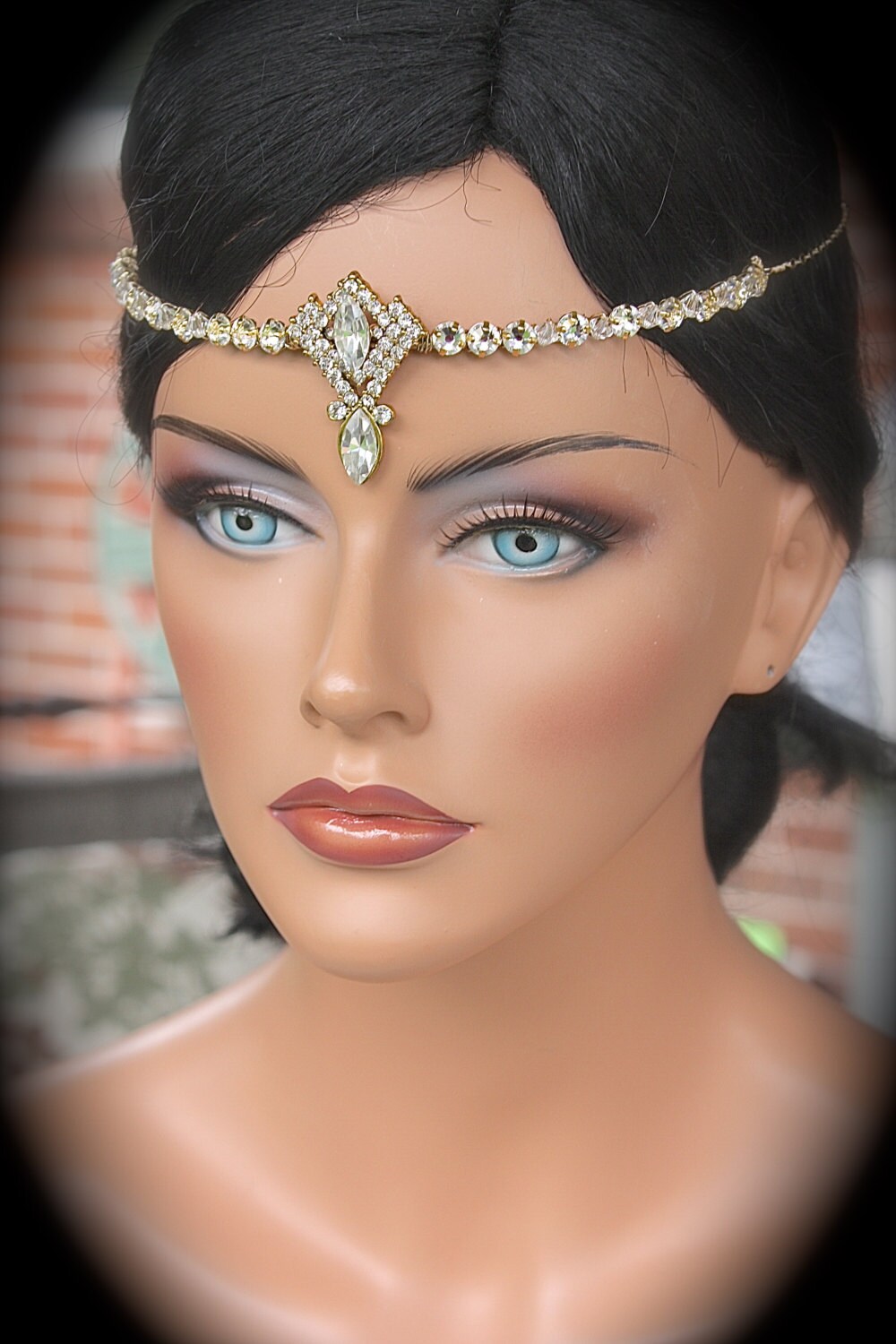 Bridal Rhinestone Headband, Indian Style, Gold Crystal Forehead Piece ...
