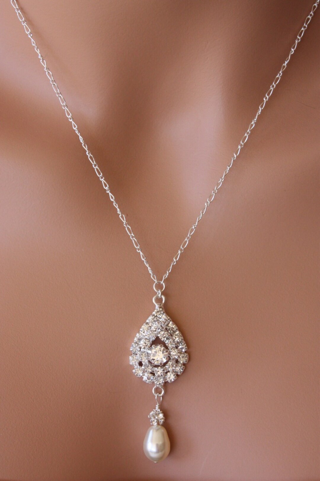 Tear Drop Rhinestone Pendant Necklace on Sterling Silver Chain With ...