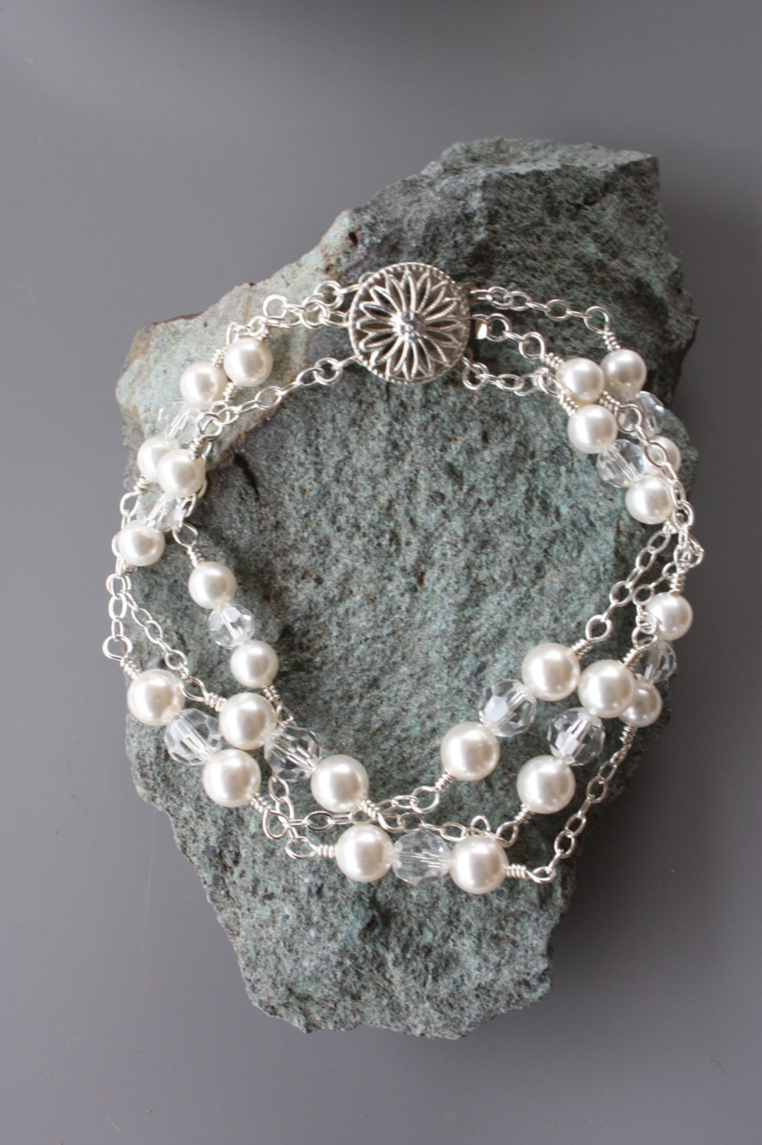 Triple Strand Bridal Bracelet, Sterling Silver, Swarovski Pearls ...
