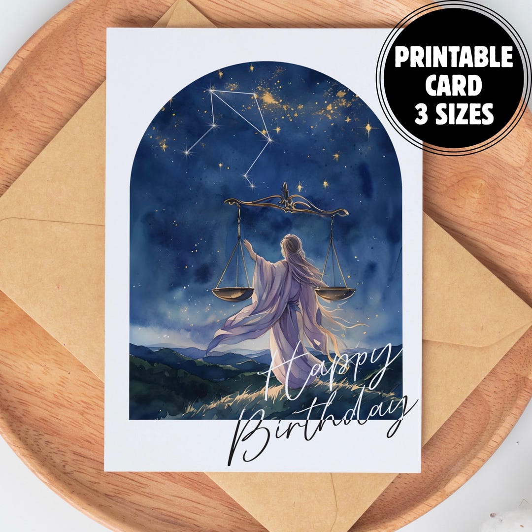 Libra Birthday Card: Printable Zodiac Astrology Card (DIY Envelope ...