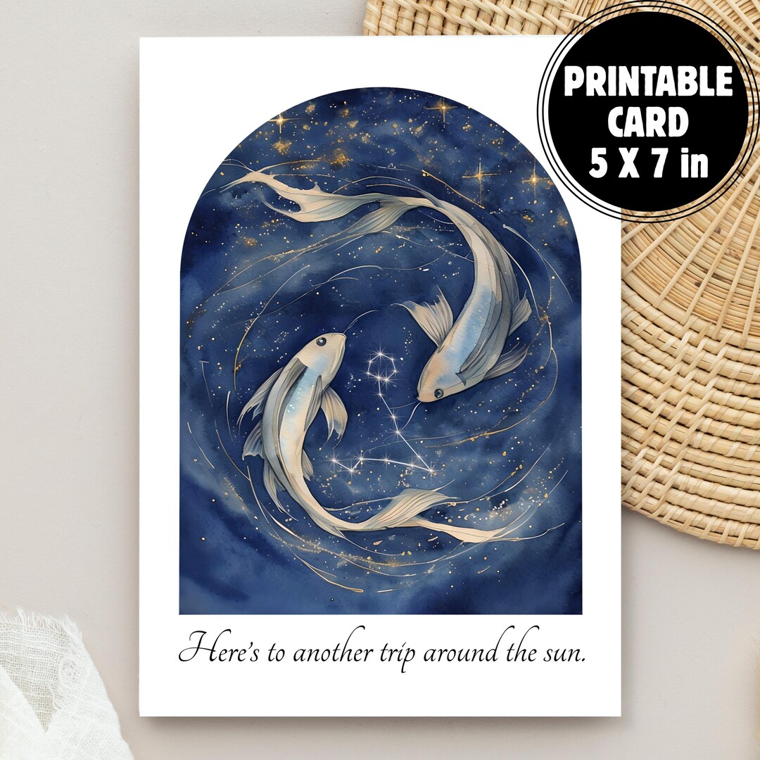 Printable Birthday Card, Pisces Zodiac Folding Card, Digital Download ...