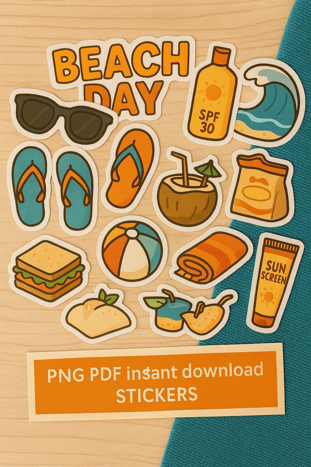 Beach Day Sticker Pack | PNG PDF Instant Download | Summer Clipart ...