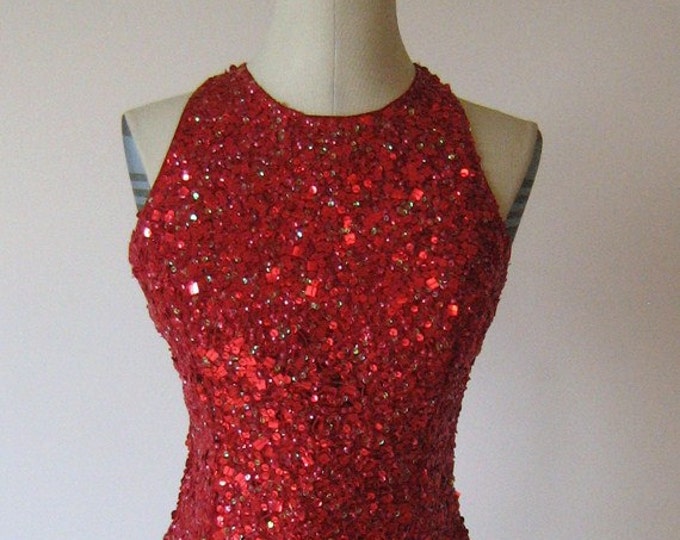 Bright Red Sequin Fitted Tank Top Diva Glam Laurence Kazar - Etsy