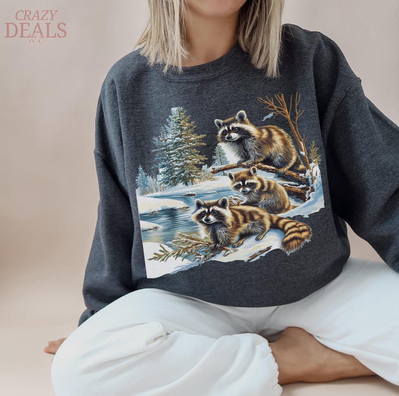 Retro Raccoons Snowy Forest Winter Scene Sweatshirt - Nineties 90s ...