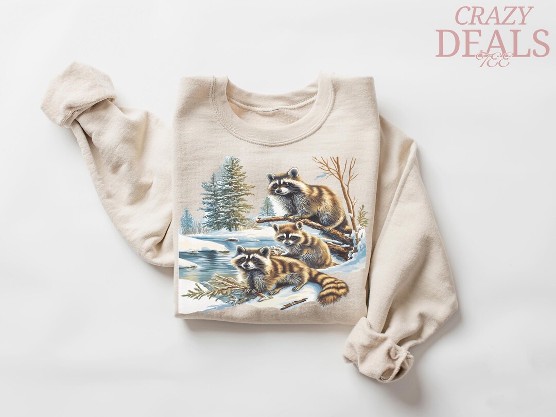 Retro Raccoons Snowy Forest Winter Scene Sweatshirt - Nineties 90s ...